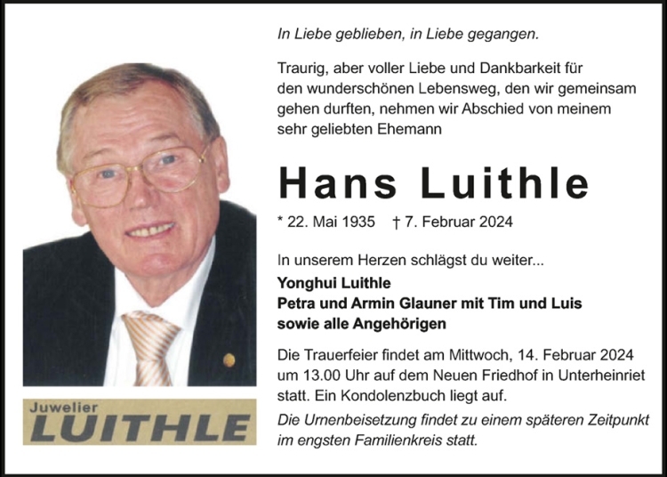 Juwelier Hans Luithle verstorben | Blickpunkt•Juwelier